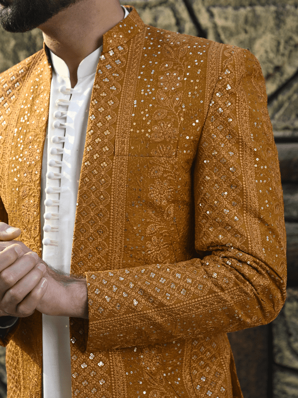Golden Embroidered Front Open Princecoat - HK CLOTHING